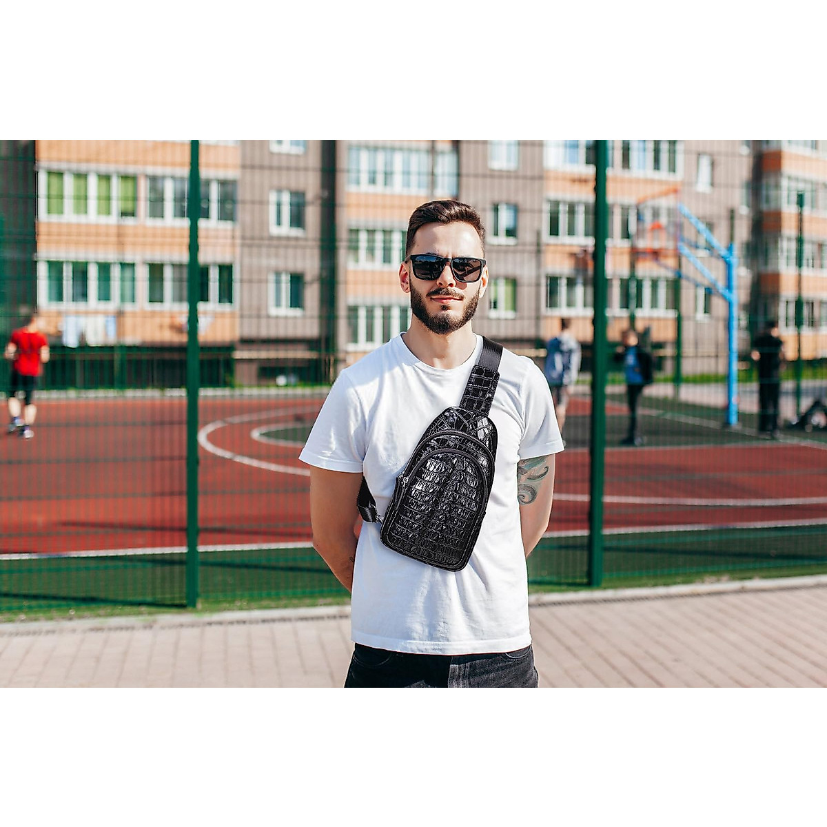 Crocodile Leather Sling Bag, Cool Man Bags One Shoulder Backpack for Men and Women Black