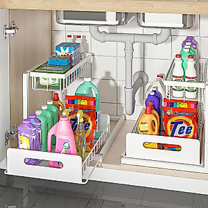 bukfen Under Sink Organizer, Pull Out Home Organizers 2-Tier Slide Out Sliding Shelf Under Cabinet Storage Multi-Use for Under Kitchen Bathroom Sink Organizers and Storage,White,2 Pack