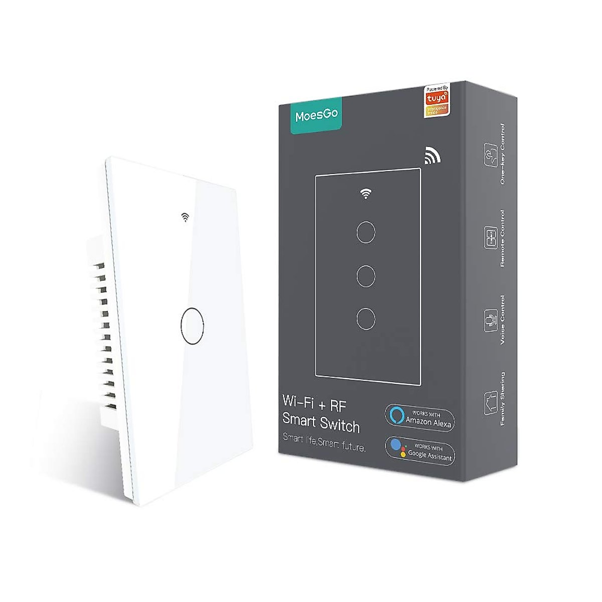 MoesGo 2nd Generation WiFi RF433 Smart Touch Wall Single Fire Smart Switch，No Neutral Wire Needed,Compatible with Smart Life/Tuya App, Works with Alexa and Google Home Single Pole 110V White 1 Gang