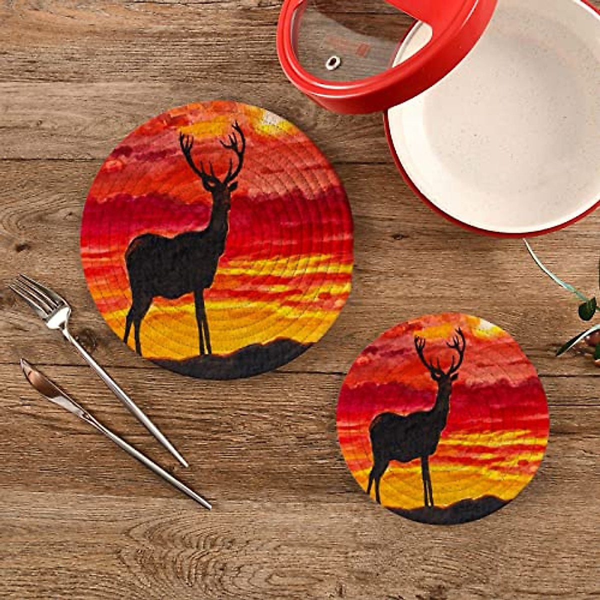 ALAZA Deer and Beautiful Sunset Red Sky Trivets for Hot Dishes 2 Pcs,Hot Pad for Kitchen,Trivets for Hot Pots and Pans,Large Coasters Cotton Mat Cooking Potholder Set