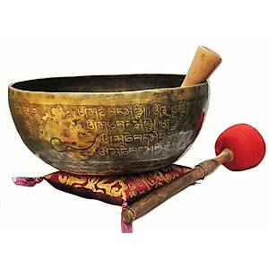 11" Finest Meditation Mantra carved Singing bowl, Etching Tibetan Art Singing Bowl With Drum Stick Cushions and Mallet,Bowls from tibet