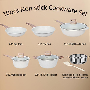 Ucclife 10pcs Pots and Pans Set Nonstick, Granite Frying Pans Induction Kitchen Cookware Sets, with Wood Print Handles Frying Pans, Saucepans, Steamer Shovel Spoon, Beige