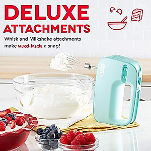 Dash SmartStore™ Deluxe Compact Electric Hand Mixer + Whisk and Milkshake Attachment for Whipping, Mixing Cookies, Brownies, Cakes, Dough, Batters, Meringues & More, 3 Speed, 150-Watt – Aqua