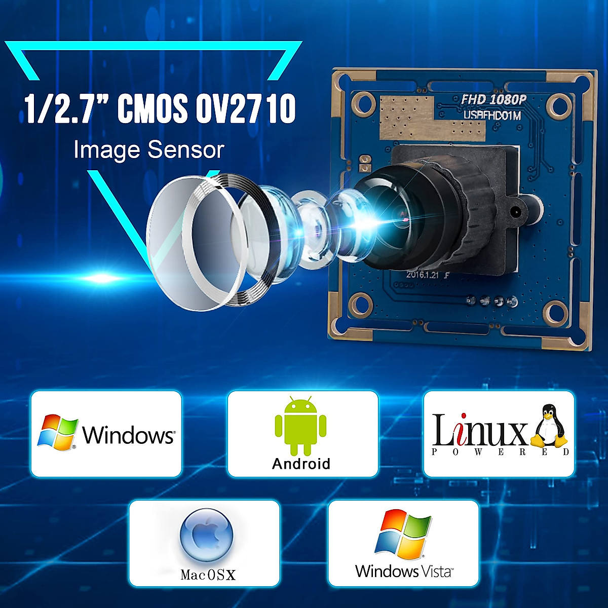 1080P USB Camera Module Wide Angle High Speed 2.1mm Lens PC Camera for Computer Mini UVC USB2.0 Lightburn Camera OV2710 USB Security Camera High Frame 100fps Web Camera Board for Raspberry Pi
