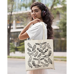 AUSVKAI Canvas Tote Bag Aesthetic for Women, Cute Trendy Owl Hand Drawn Reusable Cloth Cotton Bags with Handle for Grocery College Shopping Beach