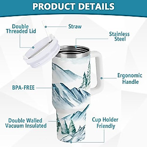 RPLIFE Soft Watercolor Mountains Pastel Green 40 Oz Tumbler with Handle, Stainless Steel Tumbler with Straw, Tea Tumbler