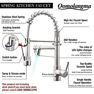 Qomolangma Commerical Kitchen Faucet with Pull Down Sprayer, Single Handle Kitchen Sink Faucet with LED Light 2 Spout, with Deck Plate Brushed Nickel