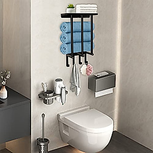 Bathroom Towel Rack with 4 Hooks - Wall Mount Towel Holder for Bathroom with Metal Shelf, Ideal Bathroom Storage Organizer and Decor（Black）