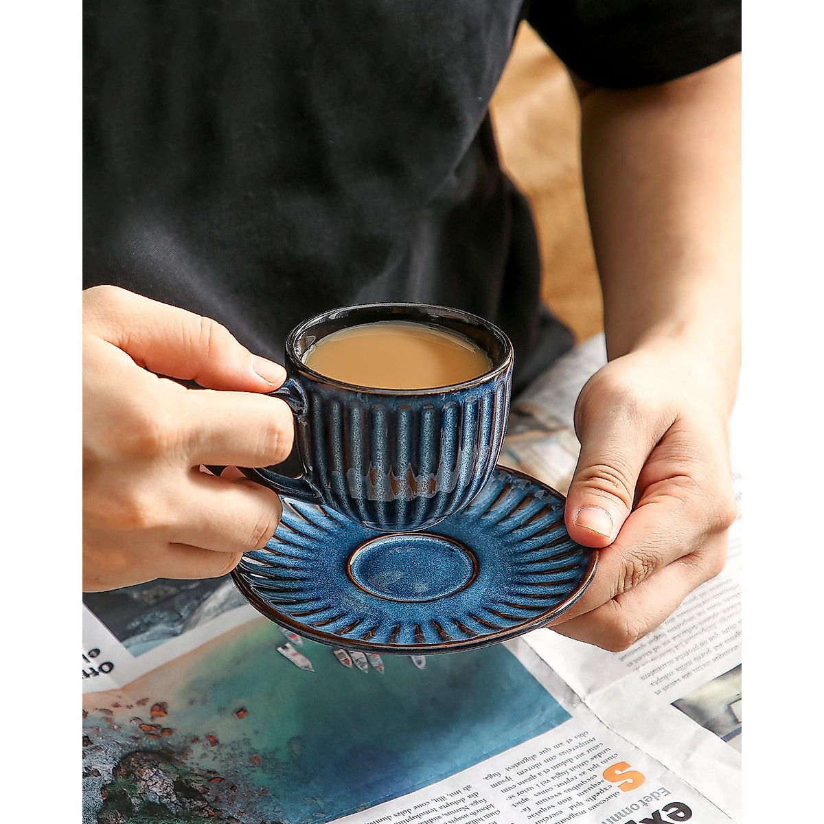 Hasense 4 Oz Espresso Cups with Saucers Set of 4, Ribbed Cappuccino Cups Ceramic for Coffee,Espresso,Double shot,Latte and Macchiato, Demitasse Cups Set Aesthetic Gift, Blue