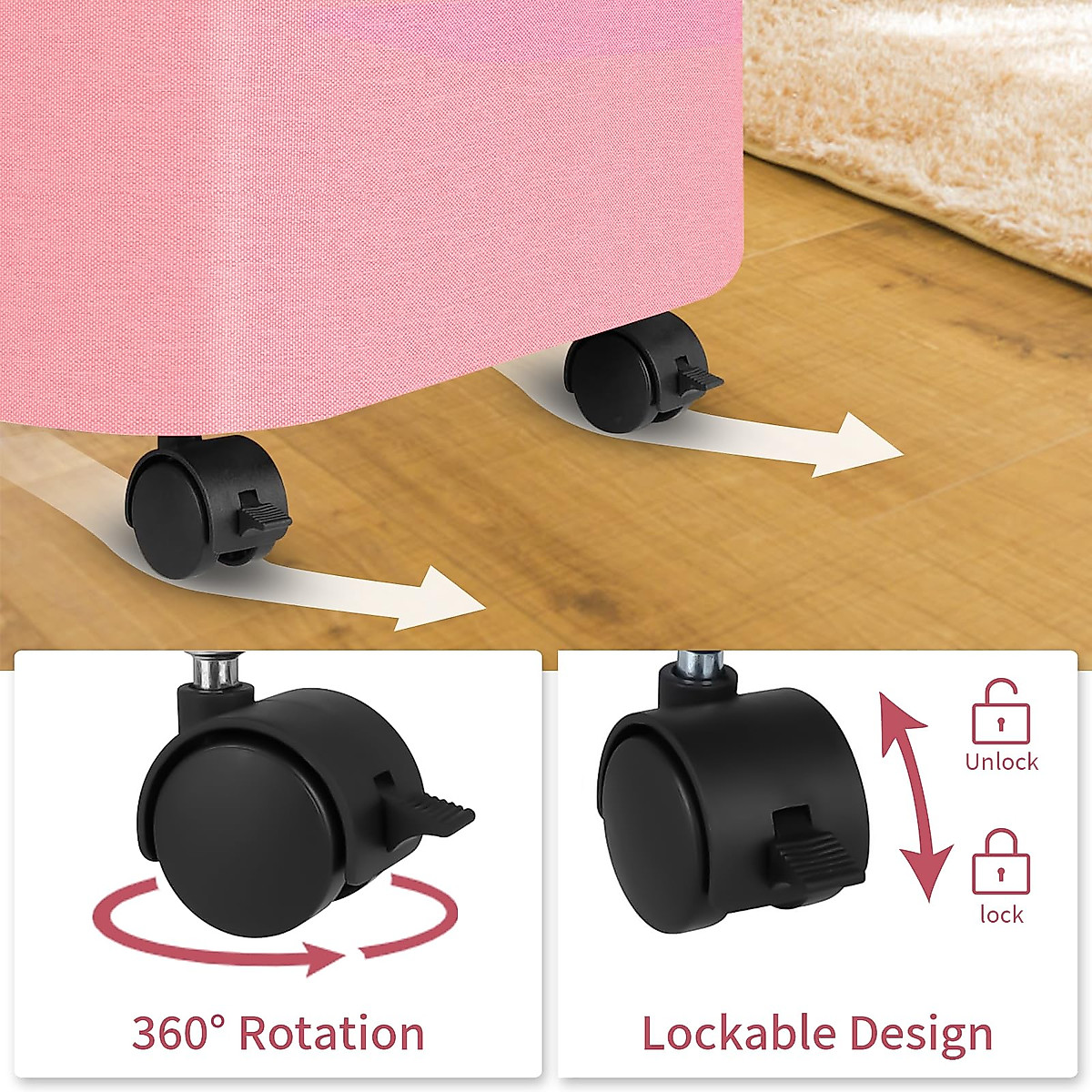 Pink Laundry Hamper with Wheels - 100L Large Laundry Hamper with Lid, Rolling Laundry Hamper on Wheels, Collapsible Laundry Hamper with Removable Mesh Bag and Bamboo Handles for Easy Carrying