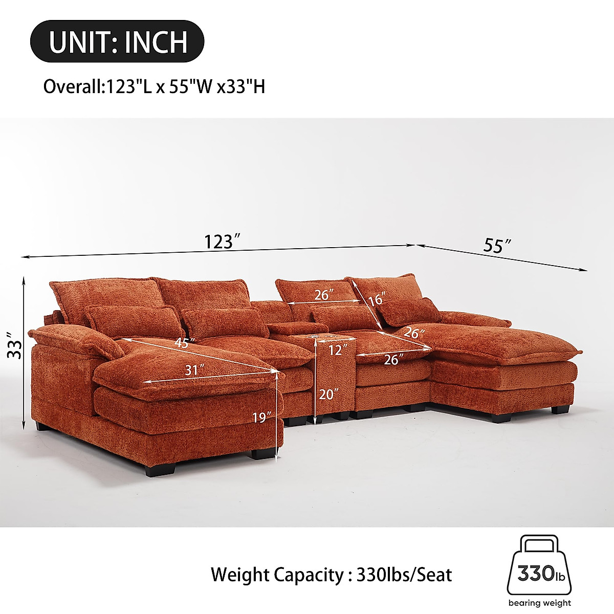 Neylory Modular Sectional Sofa 123" U-Shape Sofa Couch, Chenille 6-Seat Cloud Couch with Cupholder and USB Ports, Chaise Upholstered for Living Room, Apartment, Dark Gray