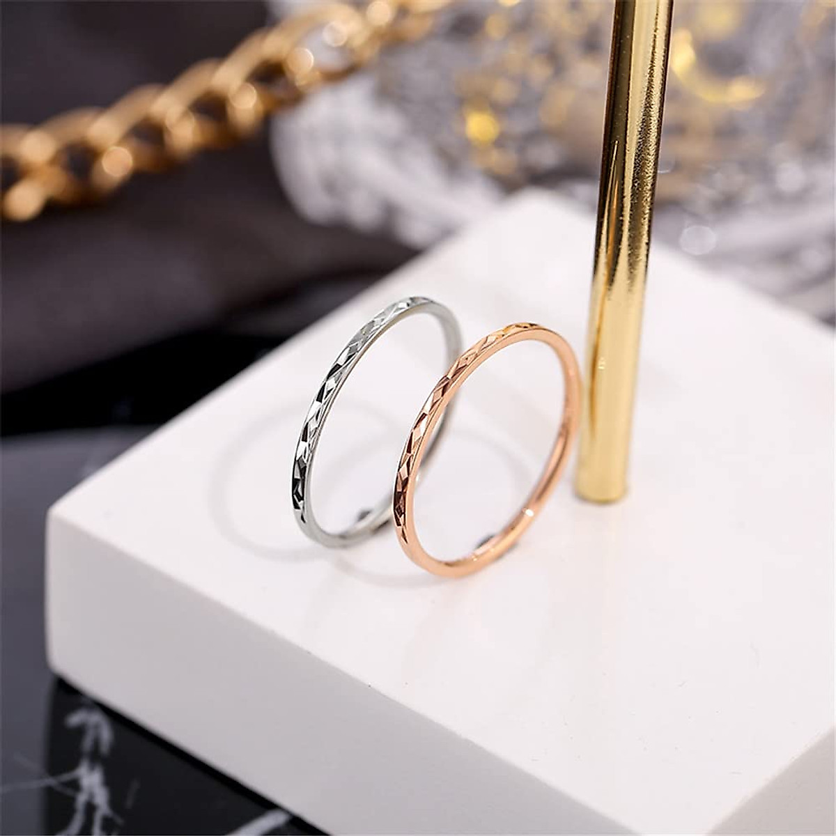 IFUAQZ Women's Stainless Steel 1MM Thin Midi Stacking Rings Shiny Silver Rose Gold Engagement Wedding Bands 2pcs Size 10