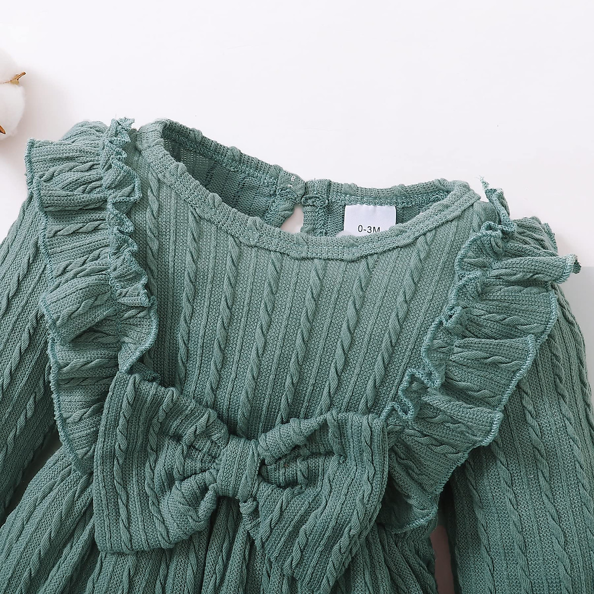 Happy Town Baby Girl Romper Infant Fall Winter Clothes Ruffle Sweater Long Sleeve Bodysuit Jumpsuit and Headband (Green, 0-3 Months)