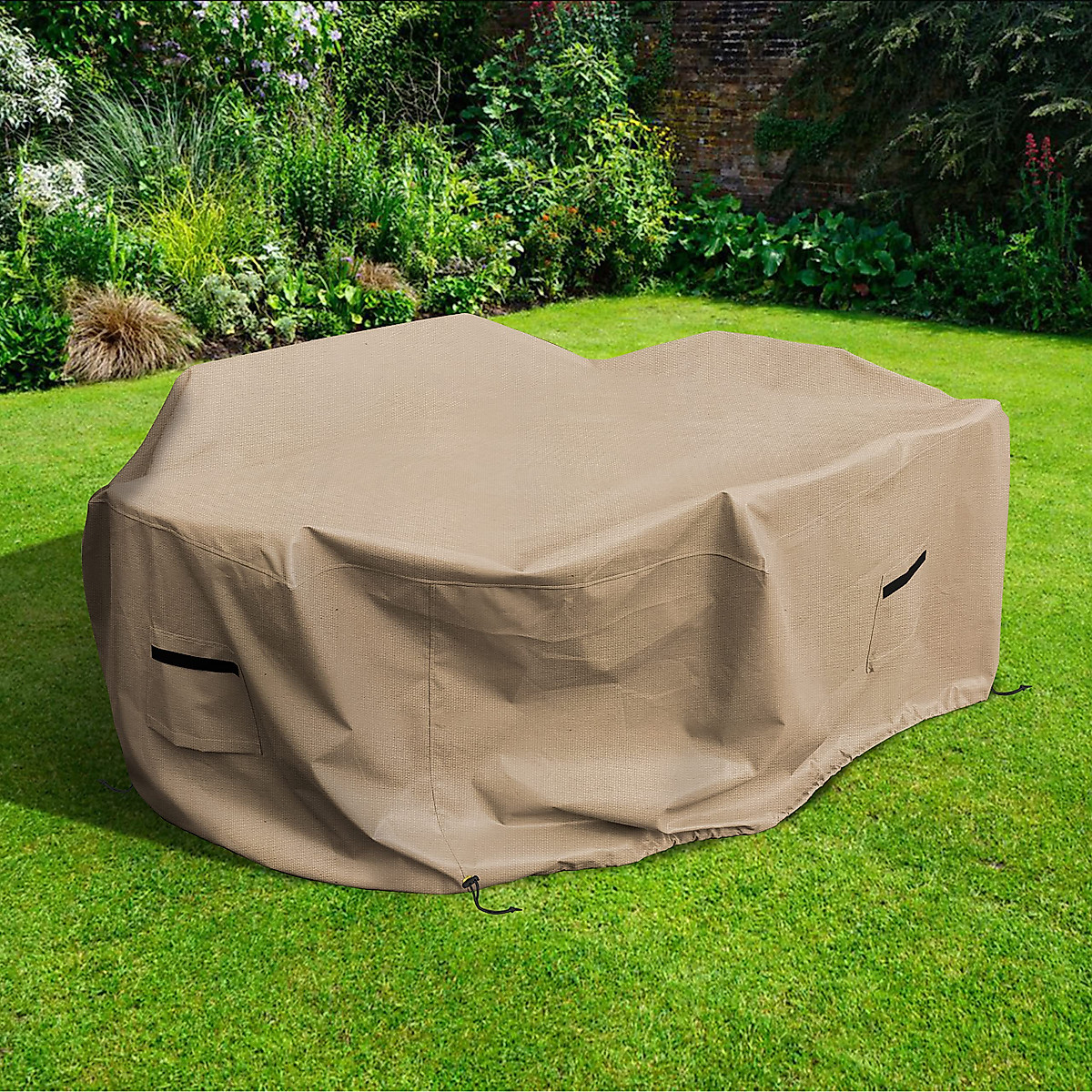 Patio Table & Chair Set Cover 600 D Polyester Oxford Fabric - Water Repellent Outdoor Rectangle Dining Table Cover with Padded Handles, Air Pockets & Drawstring (Beige, 57” L X 45” D X 25” H)