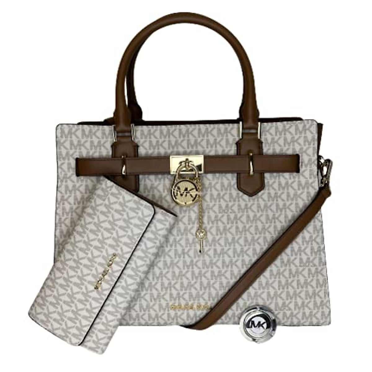 MICHAEL Michael Kors Hamilton MD Satchel bundled with Trifold Wallet and Purse Hook (Signature MK Vanilla/MK Vanilla)