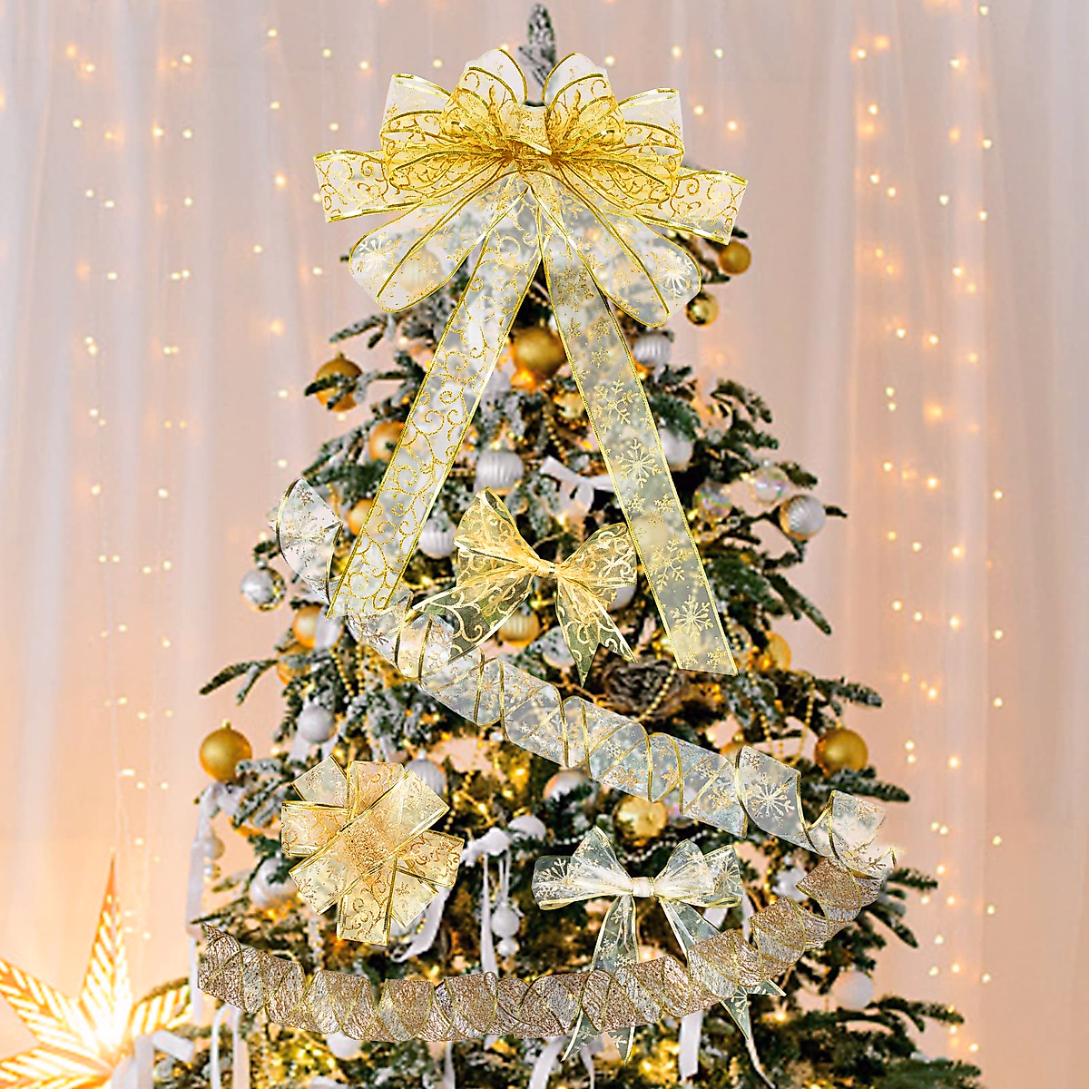 2.5'' Christmas Tree Ribbon Wired, 3 Rolls 30 Yards Gold Christmas Ribbon Mesh Swirl Sheer Glitter Snowflake Organza Ribbon for Christmas Tree Decorations Gift Wrapping, Crafts Garland Xmas Wreath