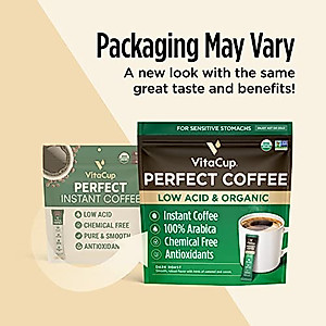 VitaCup Perfect Low Acid Instant Coffee Packets, Dark Roast Coffee, USDA Organic & Fair Trade, Third Party Tested for Mycotoxins & Pesticides, Single Origin, Clean & Pure, 48 ct