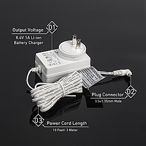 Rollerhouse 8.4V 1A Li-ion Battery Charger Power Adapter for 7.2V,7.4V 8.4V Device, with LED Indicator 3.5x1.35mm Male Plug Connector, L=118", White