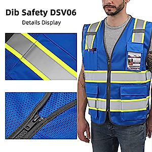 Dib Safety Reflective Mesh Vest High Visibility Two Tone with Pockets and Zipper, Blue Mesh with Yellow Trim L