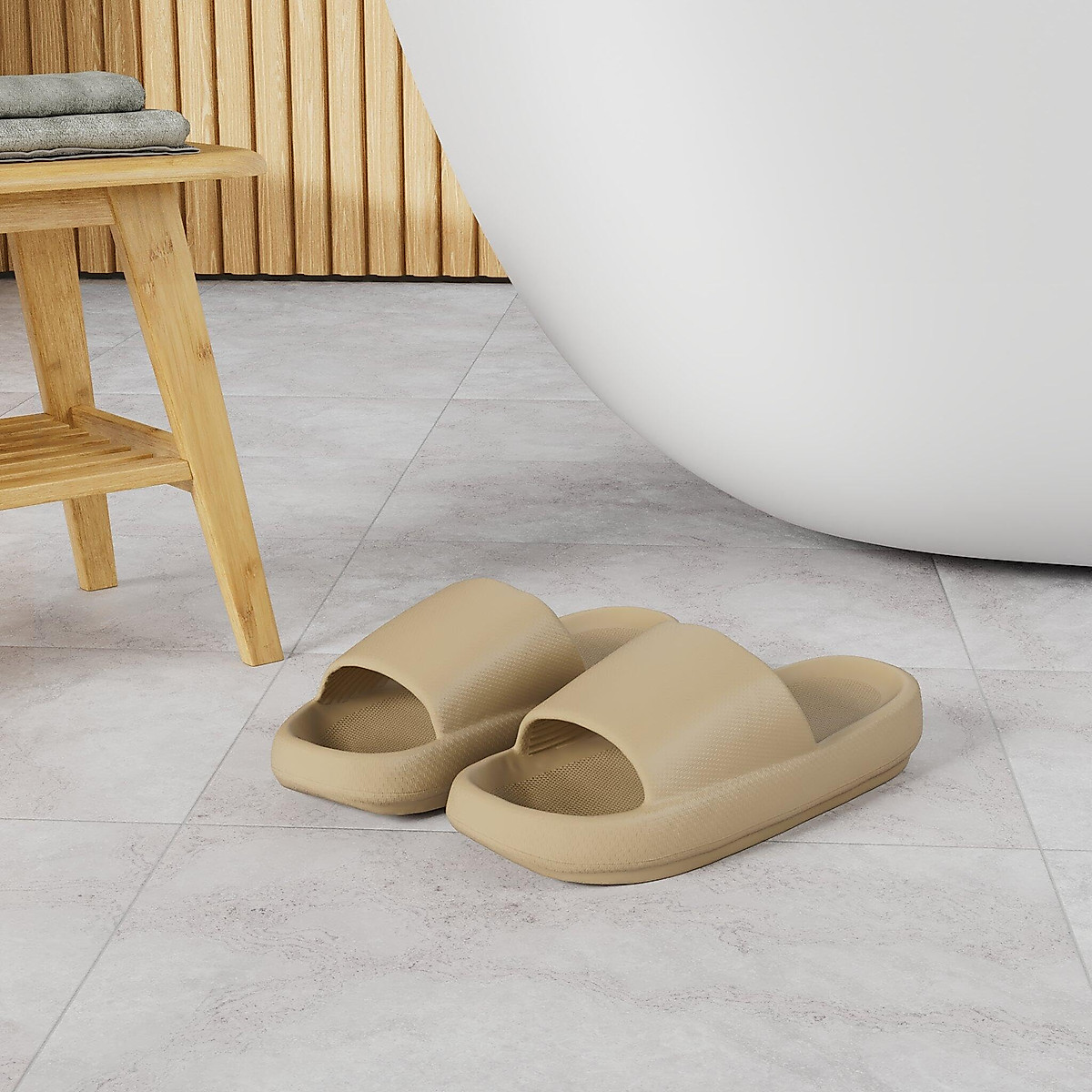 welltree Slides for Women Men Pillow Slippers Non-Slip Bathroom Shower Sandals Soft Thick Sole Indoor and Outdoor Slides,Khaki,7.5-8.5 Women/6-7 Men