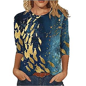 Royal Blue Top Tee for Female Summer Fall Long Sleeve 3/4 Sleeve Crew Neck Cotton Graphic Sequin Sparkly Loose Fit Casual Top X8 S