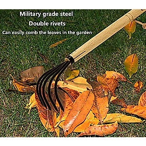 XFJTECH 15'' Garden Rake Cultivator 5 Tines Claw Soil Tiller Military Grade Steel Japanese Ninja Claw with Ergonomic Wooden Handle for Perfect Pulverized and Aerated Soil and Combing Leaves Weeding