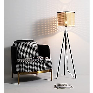 VidaLite Gal - Mid Century Bohemian Tripod PVC Rattan Shade and Velvet Boho Rim for Bed Dining, Kitchen, Living Room, Floor Lamp