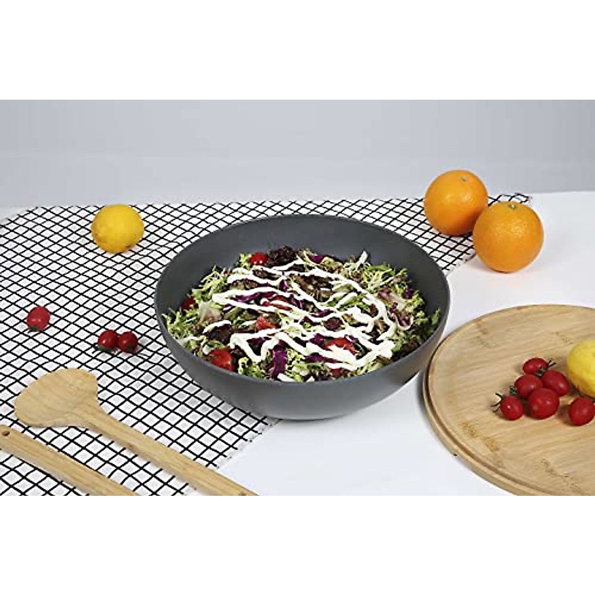 Webbylee Large Salad Serving Bowls with Tongs, Mixing Bowl with Servers with Nature Bamboo Lid Spoon and Fork for Salads, Fruits and Vegetables, Dishwasher Safe, BPA free (Dark grey)