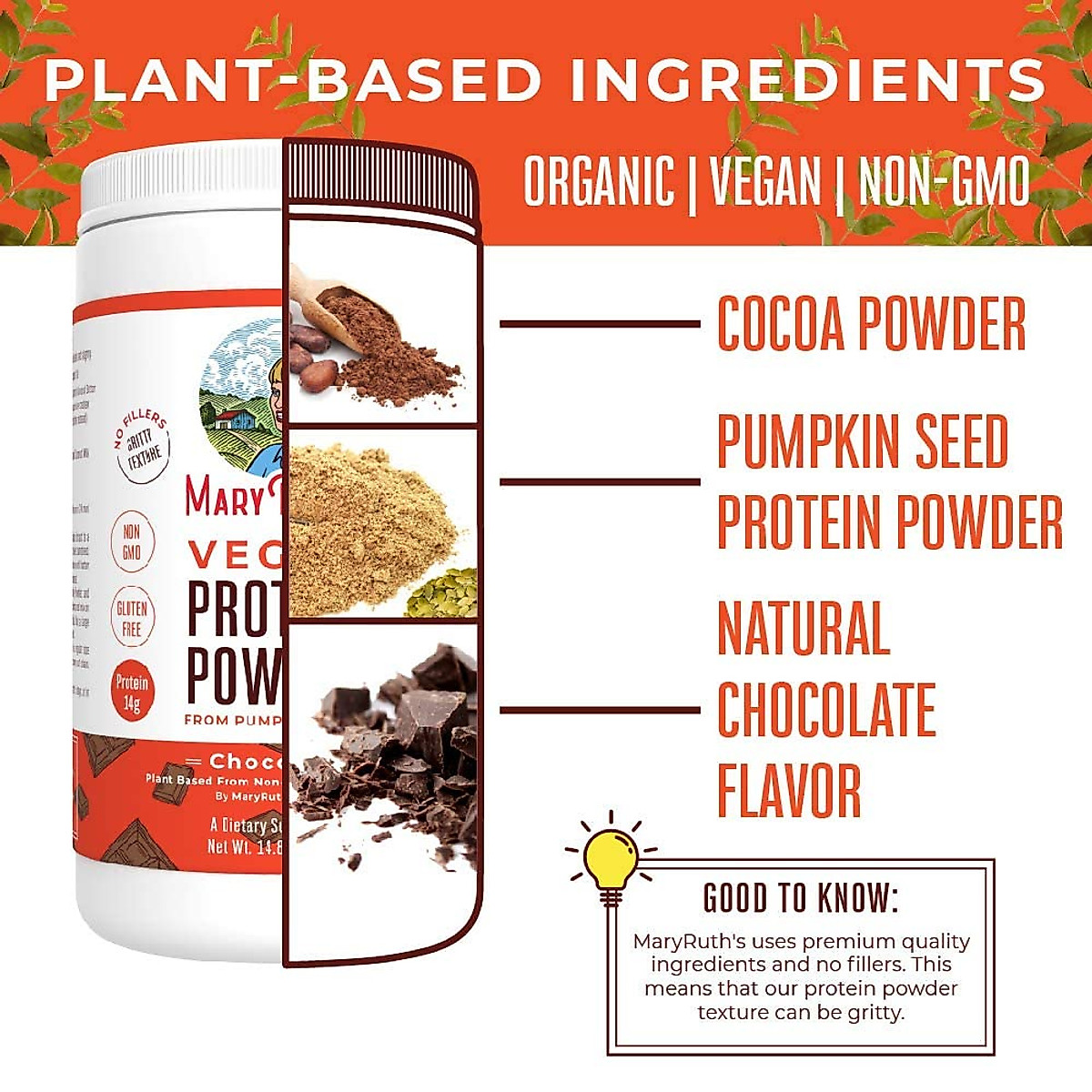 Organic Protein Powder Plant-Based (Creamy Chocolate Fudge) by MaryRuth's Vegan, Gluten Free, Non-GMO, Soy Free, Dairy Free, Nut Free, No Fillers, No Additives, Paleo Friendly 14.8 oz for Men & Women