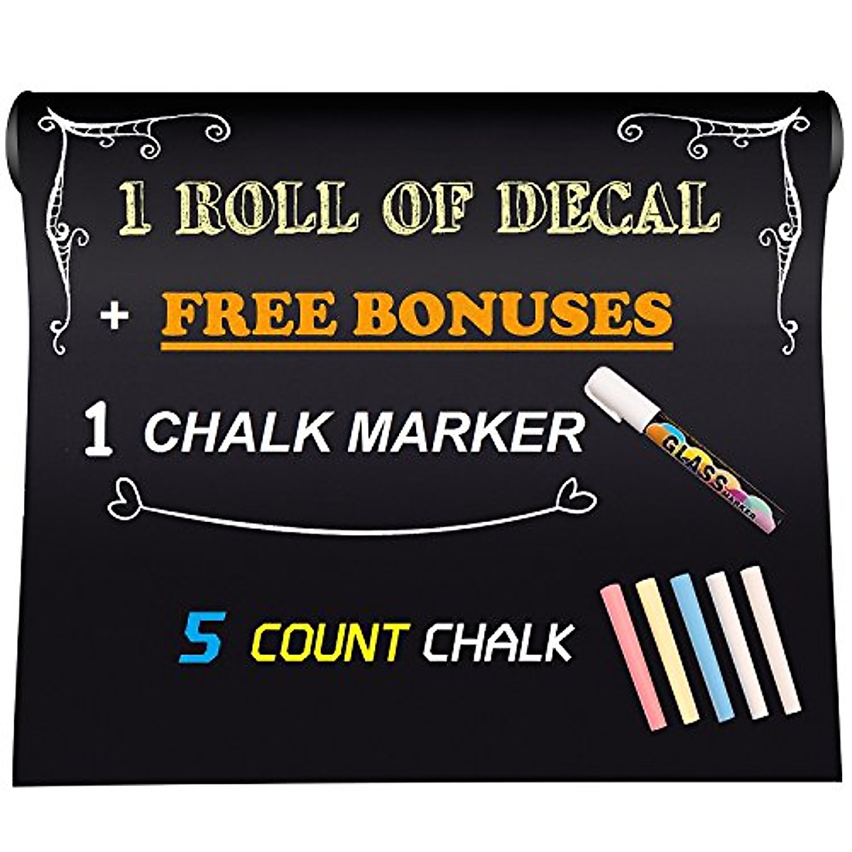 UnityStar Chalk Paper, 17.7" X 78.7" Adhesive Chalkboard Contact Paper Removable Wall Decal Stickers with 1 Liquid Chalk Marker & 5 Colors Chalks for Home Office School Blackboard Restaurant Menu