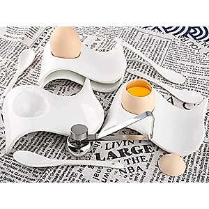 Ceramic Egg Cups Holder Porcelain Egg Cup for Soft Boiled Eggs with Stainless Steel Egg Cracker Topper Cutter 4 Egg Spoons Egg Cups Stand Plates Set (9)
