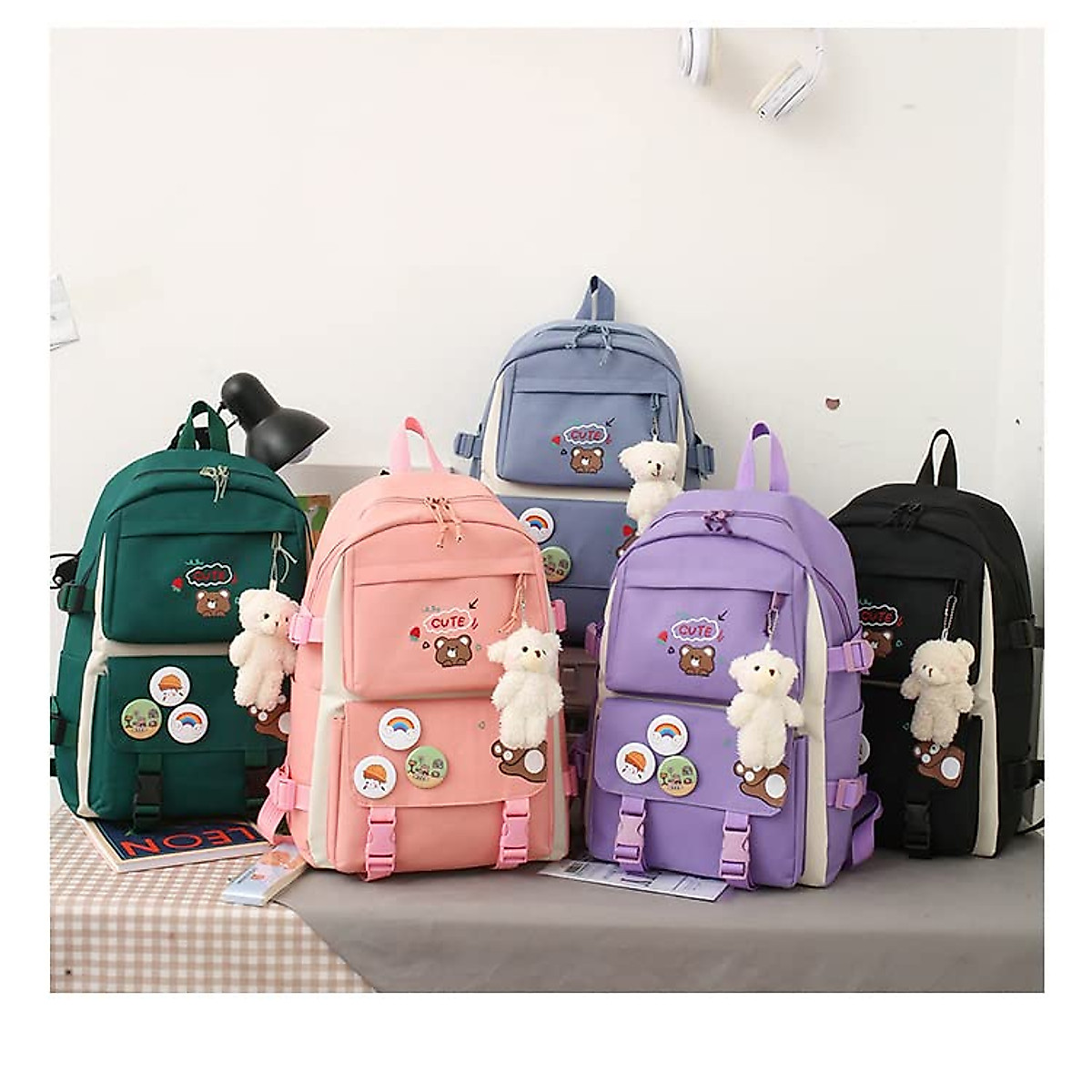 ALBIVA Cute backpack with accessories kawaii 5PCS Set Aesthetic backbags (Black)