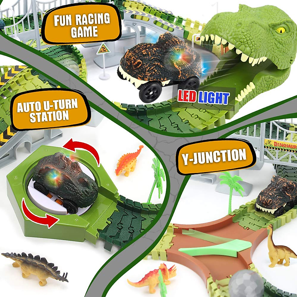 Dinosaur Toys Race Track,174pcs Flexible Track Set with 2 Dino Cars,Create a Dinosaur World Road Race,Include 8 Dinosaur Figurines,Jumbo Dinosaur Head,Dino Door & Bridge for Kids Toddlers Boys Girls