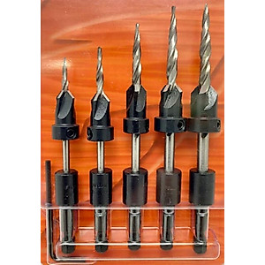 Set of 5 Countersinks with Hex Shank Taper Point Drills & 1 - Hex Key, by W. L. Fuller, for # 5, 6, 8, 10, & 12 Screws Made in The USA