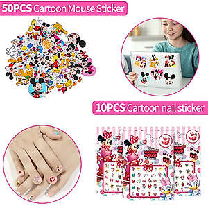 120 Pack Mouse Party Favor Set Cartoon Mouse Theme Party Supplies Includes Party Bags Keychain Silicone Bracelet Nail Stickers Headbands Shoe Decor Perfect for Kids Birthday and Classroom Game Rewards