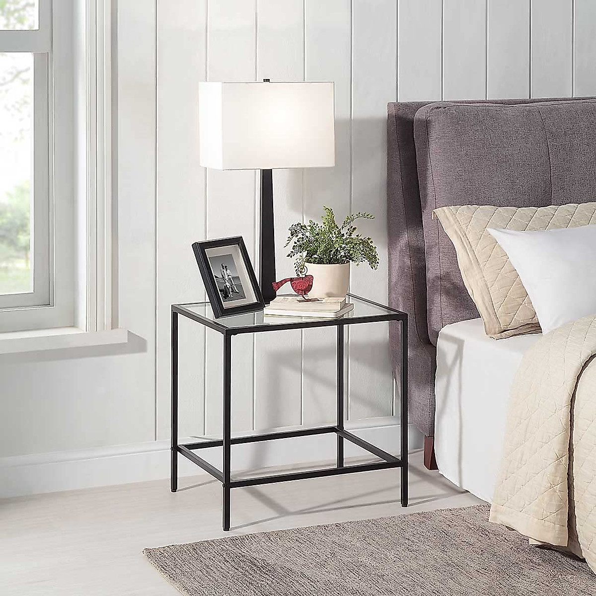 CAWS 22" W Black End Table, Tempered Glass Rectangle Side Table, Night Stand, Modern Minimalist Table, 21.97"L x 18"W x 22"H