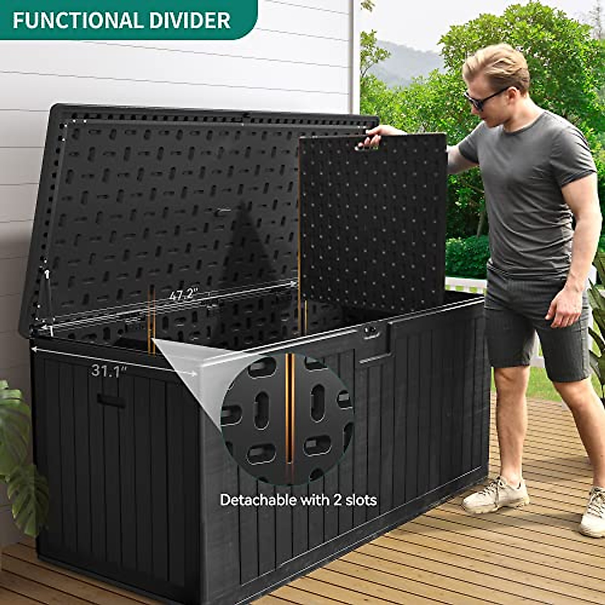 YITAHOME XXL 230 Gallon Large Deck Box,Outdoor Storage for Patio Furniture Cushions,Garden Tools and Pool Toys with Flexible Divider,Waterproof,Lockable (Black)
