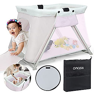 Portable Playard with Bassinet Insert for Babies Activity Indoor Outdoor Onasti Playpen with UPF Sunshade Folding Compact for Family Travel Beach Light Grey Themed