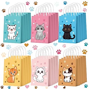 Zhanmai 24 Pcs Cat Goodie Bags Cat Party Favor Kitty Gift Bags with Handles Cat Candy Treat Paper Bags for Kids Cat Birthday Party Decoration Supplies for Pet Adoption