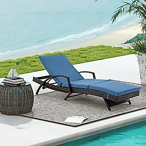 GYUTEI Patio Lounge Chair Rattan Chaise Lounge Chair with Adjustable Backrest Thickened Cushion,PE Rattan Steel Frame Outdoor Reclining Chaise for Patio Backyard Porch Garden Poolside(Light Blue)