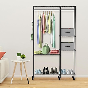 COCOBELA Heavy Duty Clothes Rack with Shelves, Garment Rack with Drawers, Clothing Racks with Wheels, Portable Clothing Storage Rack for Hanging Clothes Freestanding Closet Metal Wardrobe