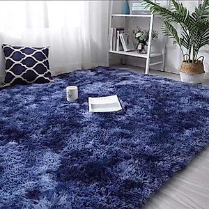 Reyox Fluffy Soft Geometric Area Rug, Plush Shaggy Carpet for for Living Room Bedroom Home Décor Tie Dye Navy Blue 6.6 x 8.2 Feet