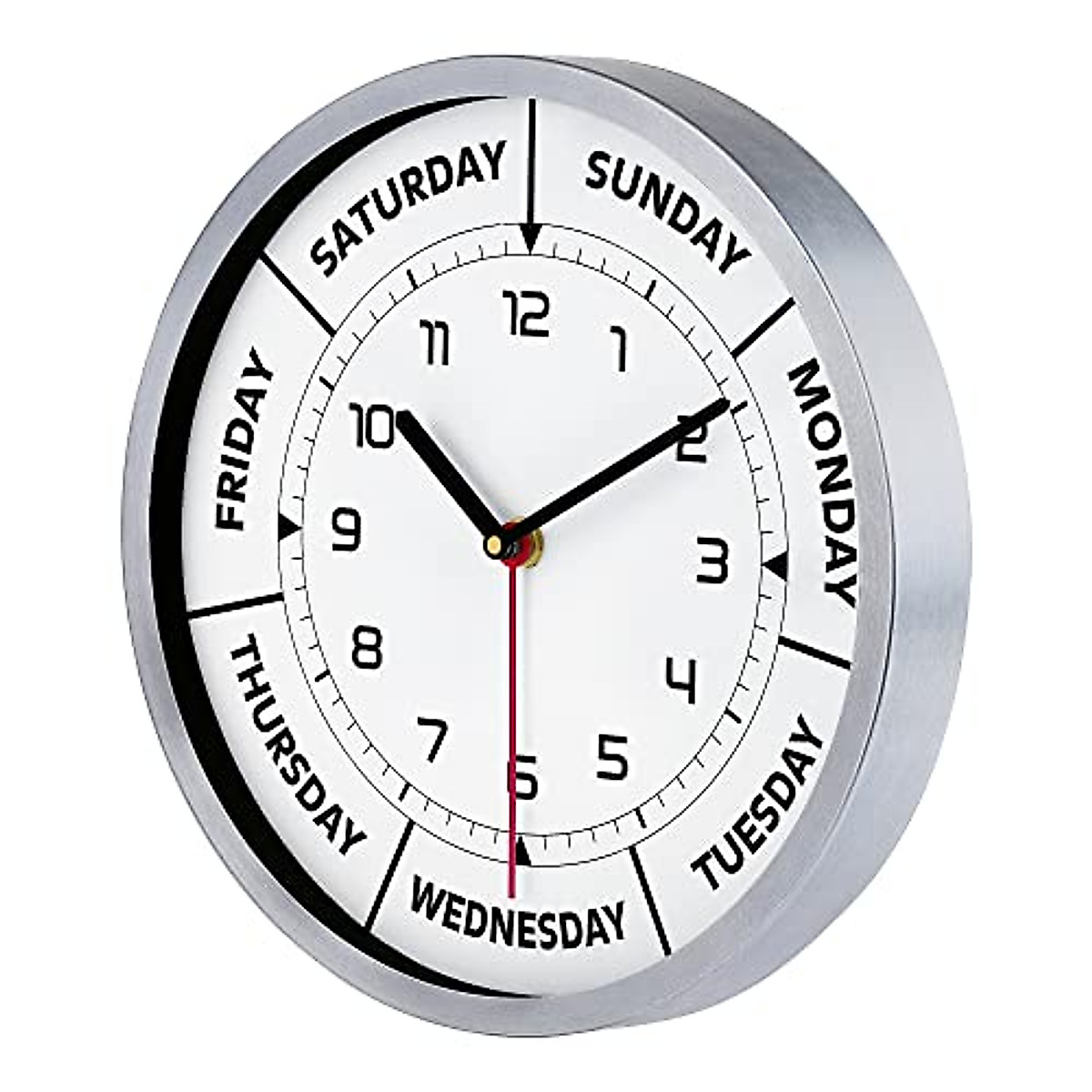 Lafocuse Silent Retirement Clock Day of The Week Wall Clock for Home Decor,Brushed Metal Frame Day Clocks for Seniors 12 Inch Living Room Bedroom Office-Without a Second Hand