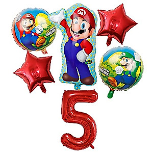 Mario Brothers Foil Balloons Mario Birthday Party Supplies 5th Mario Party Decorations for Kids Birthday (Mario 5th Birthday)