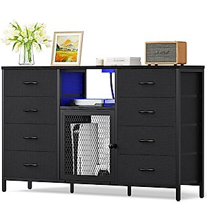 Decofy Dresser for Bedroom with LED Lights and Power Outlets, 8 Drawers TV Stand Dresser for 65 Inch TV, Fabric Chest of Drawers with Open Shelves, Black Dressers for Bedroom, Closet
