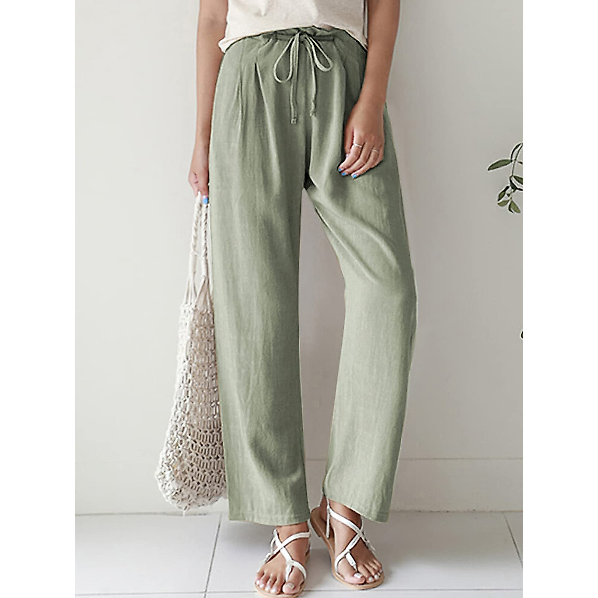 ebossy Women's Summer Drawstring Elastic Waist Cotton Linen Utility Beach Palazzo Pants Pockets (L, Green)
