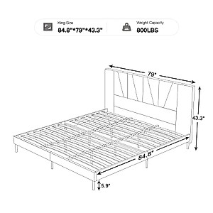 Flolinda King Size Bed Frame Upholstered Platform with Complete Headboard and Strong Wooden Slats, No Box Spring Needed, Easy Assembly,Beige