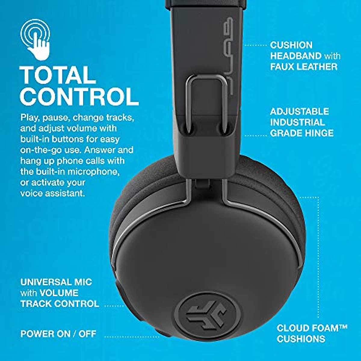 JLab Studio Bluetooth Wireless On-Ear Headphones | 30+ Hour Bluetooth 5 Playtime | EQ3 Sound | Ultra-Plush Faux Leather & Cloud Foam Cushions | Track and Volume Controls | Black