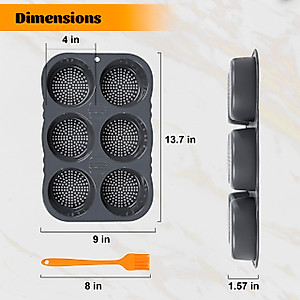 AKS Co Hamburger Bun Pan, Non-Stick Silicone - Oven-Safe, Vented 6-Cavity Baking Mold, Dishwasher Safe with Basting Brush
