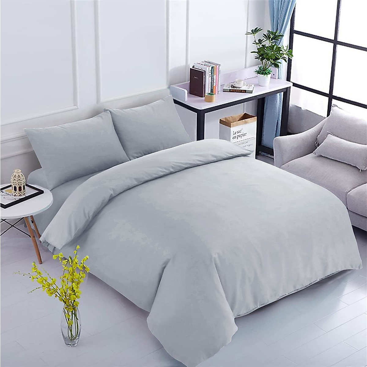 MOONLIGHT20015 Silver King Size Duvet Cover – Soft 3 Piece Double Brushed Microfiber Duvet Cover Set with Button Closure, 1 Duvet Cover King Size 104x90 inches and 2 Pillow Shams